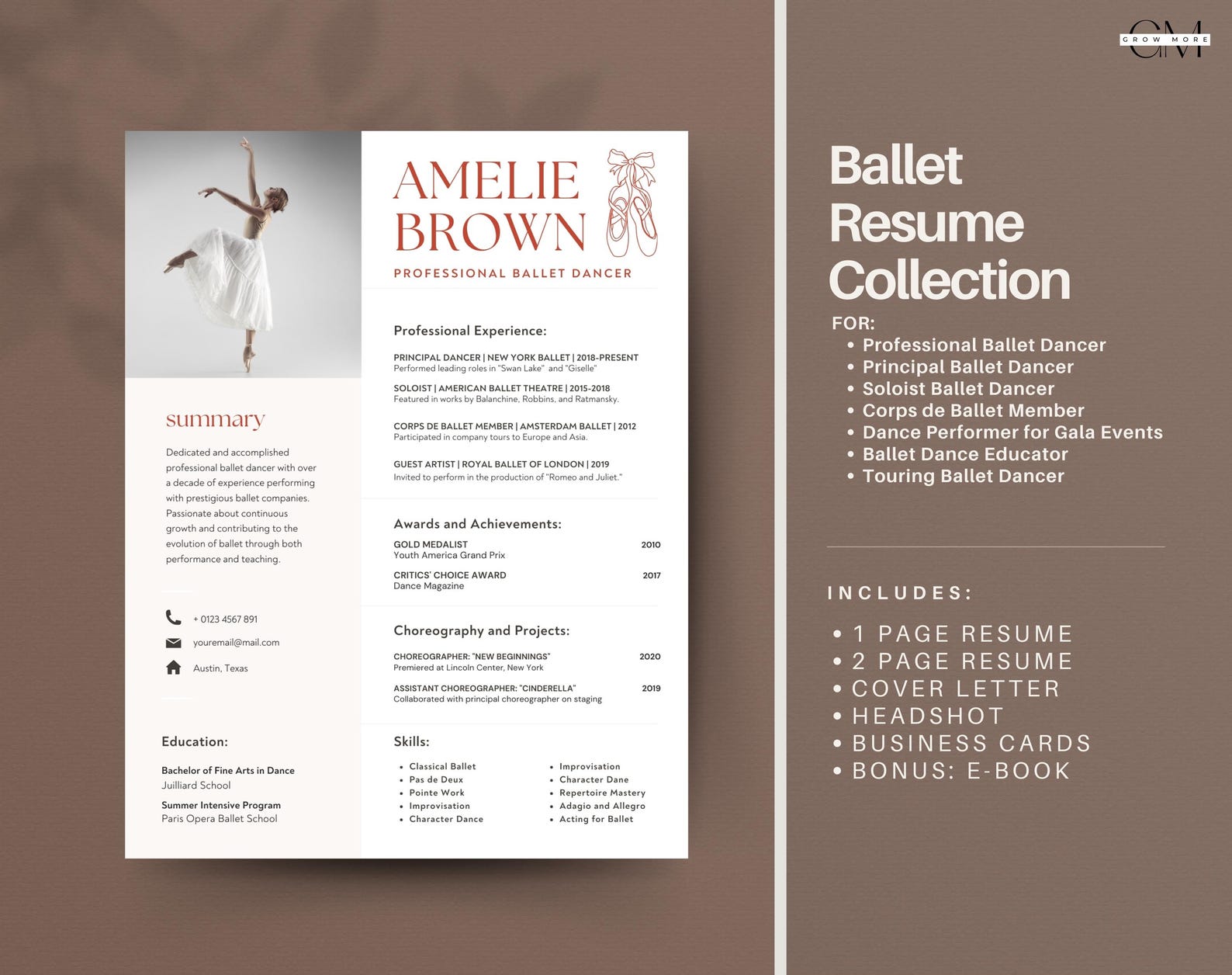 Ballet Resume Cover Letter Headshot Canva Template, Modern Dancer CV ...