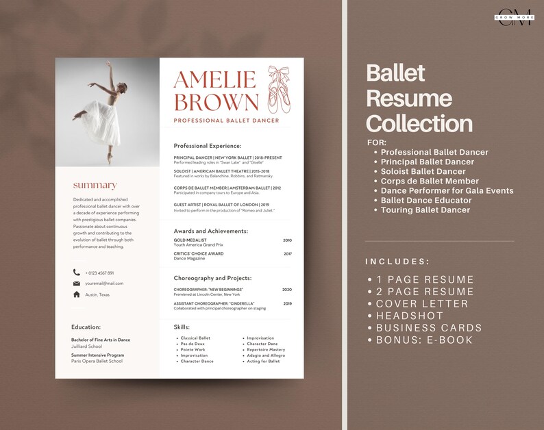 Ballet Resume Cover Letter Headshot Canva Template, Modern Dancer CV ...