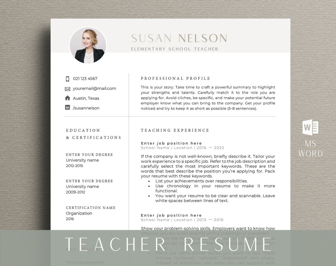 Teacher Resume Template With Cover Letter, Educator Resume One & Two ...