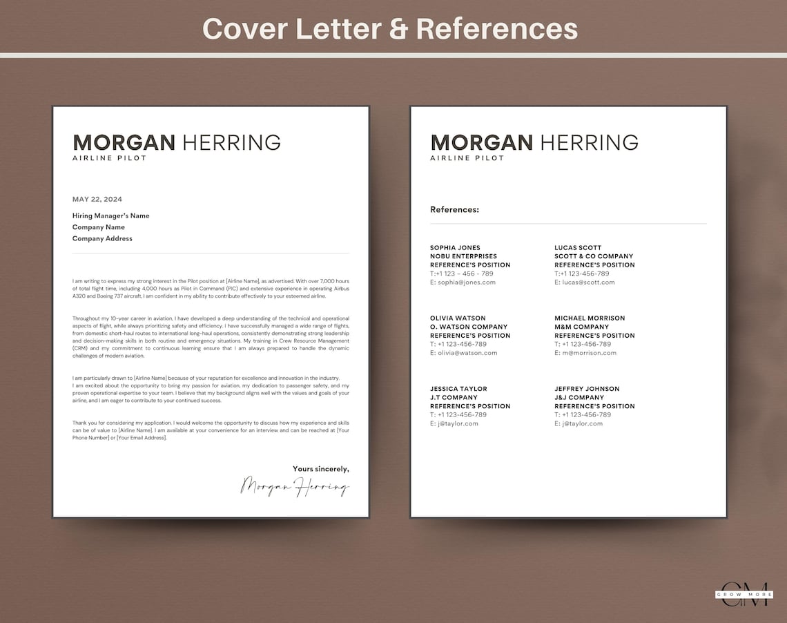 Pilot Resume Template Canva, Aviation Resume, Aircraft CV Cover Letter ...