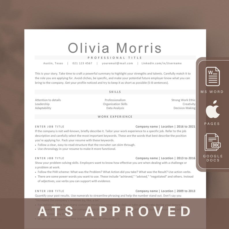 Resume Template ATS Google Docs, Pages, MS Word, 1 & 2 Pages ATS ...