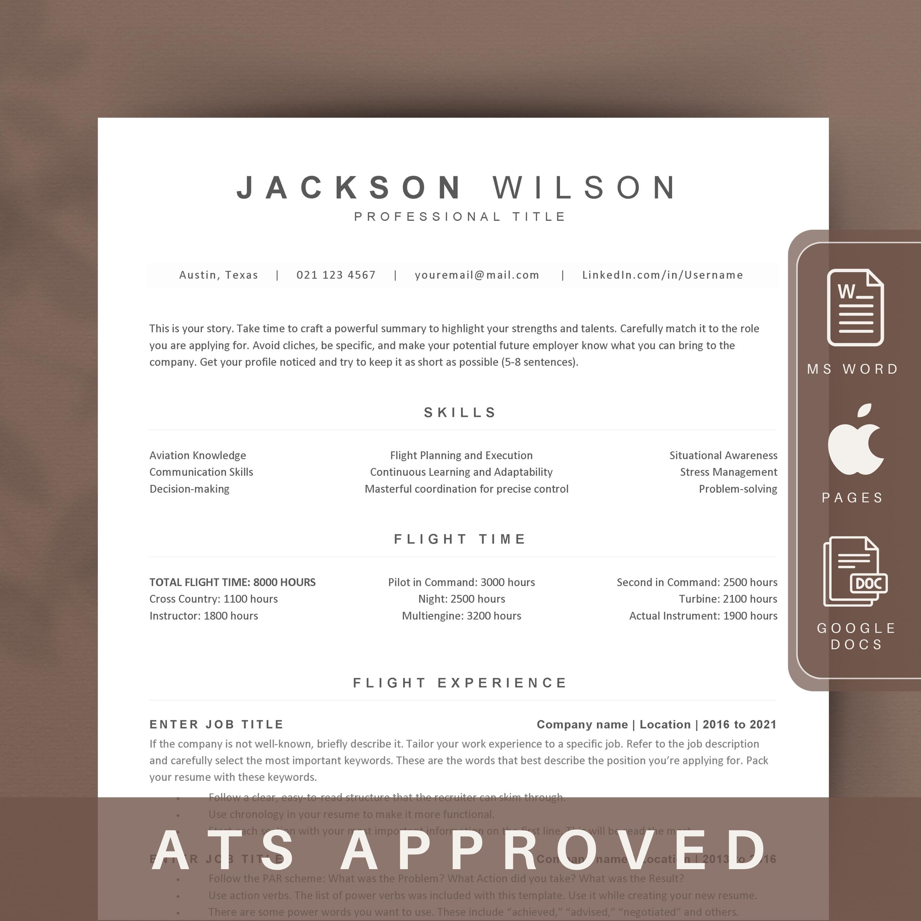 Pilot Resume Template MS Word, MAC Pages, Google Docs, ATS Friendly ...