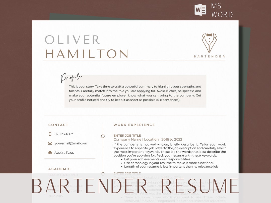 Bartender Resume Template Word, Hospitality Resume and Cover Letter ...