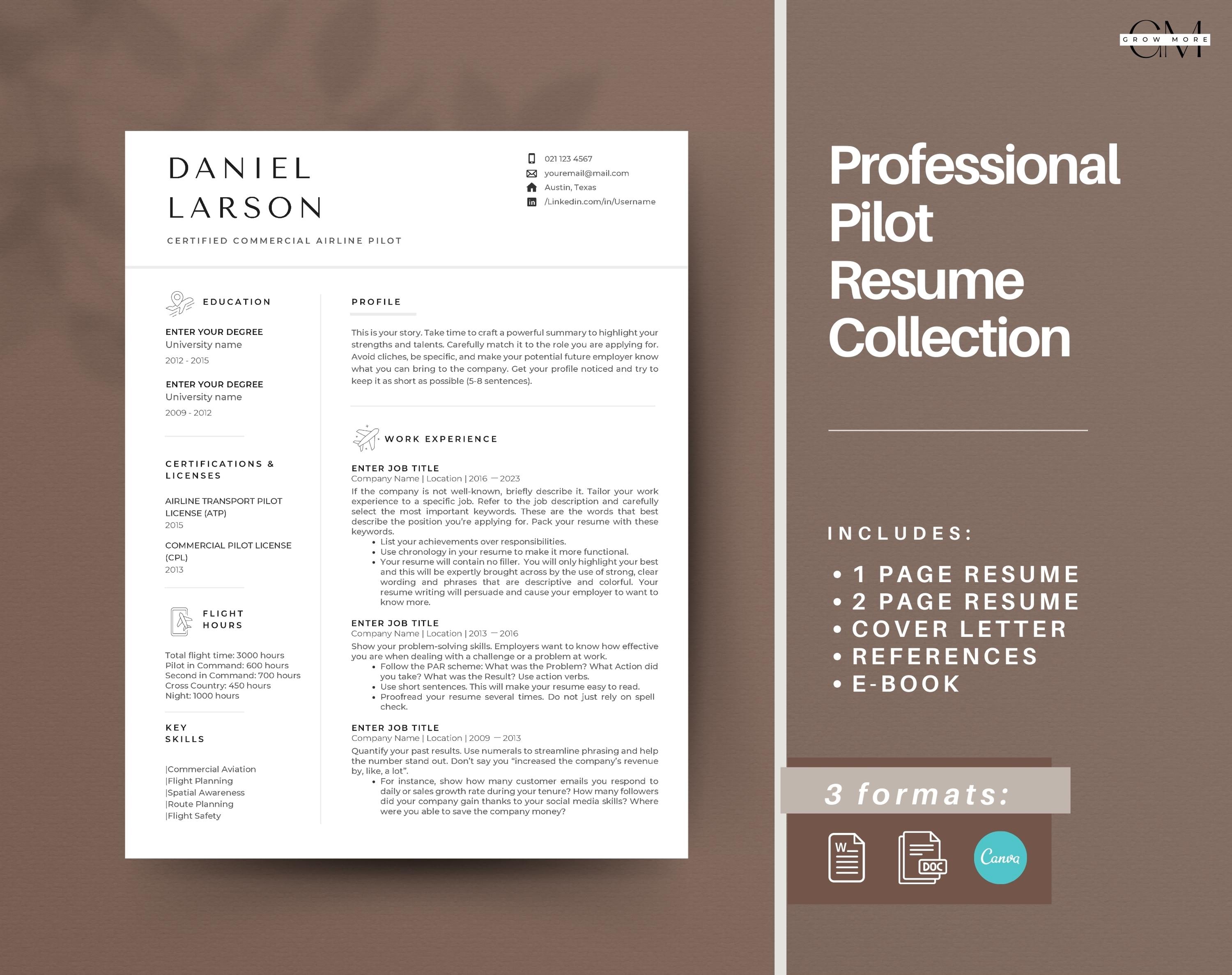 Professional Pilot Resume Template for MS Word and Google Docs, Airline ...
