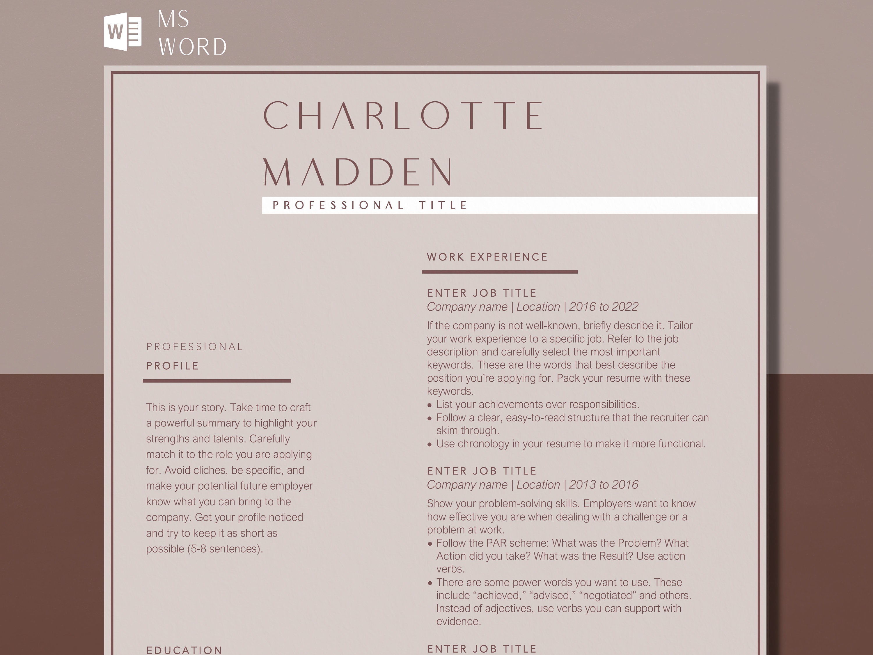 Feminine Resume Template MS Word, CV Resume With Cover Letter and ...