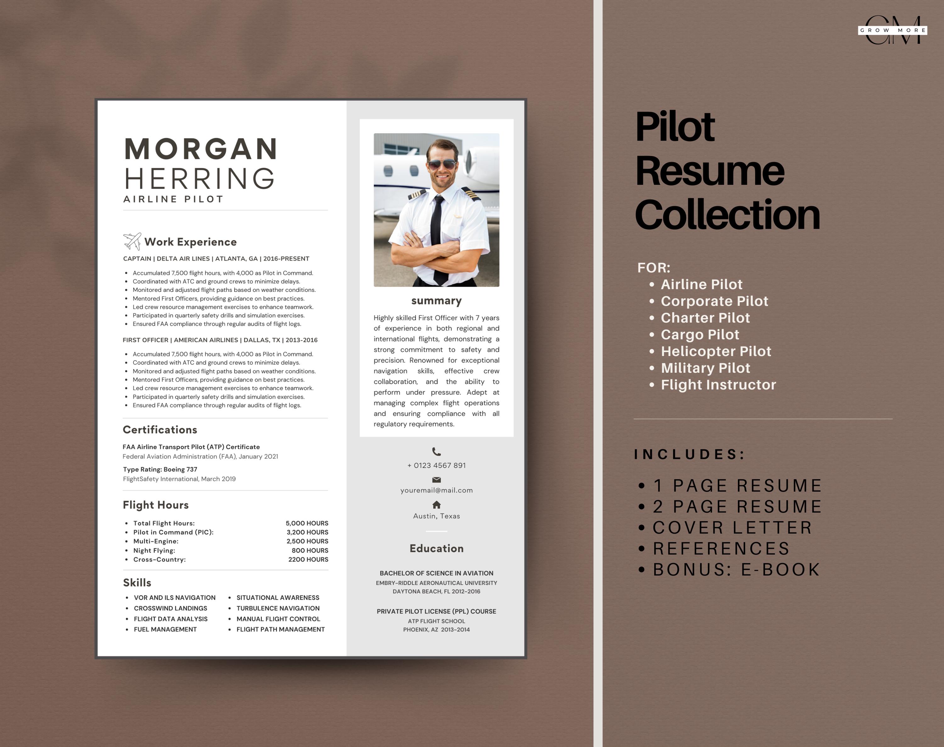 Pilot Resume Template Canva, Aviation Resume, Aircraft CV Cover Letter ...