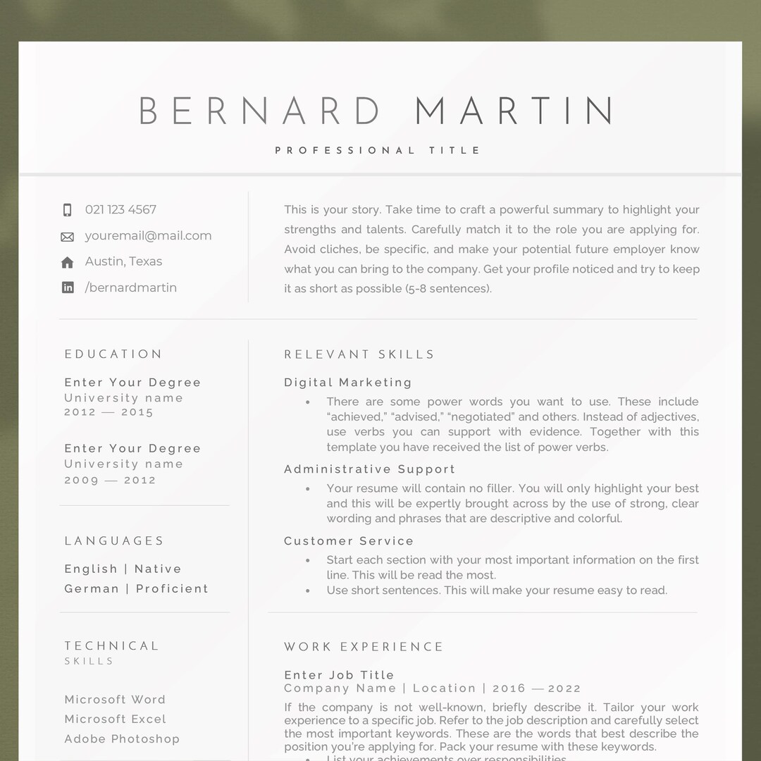 Combination Resume Template, Hybrid Resume for Word, One & Two Pages ...