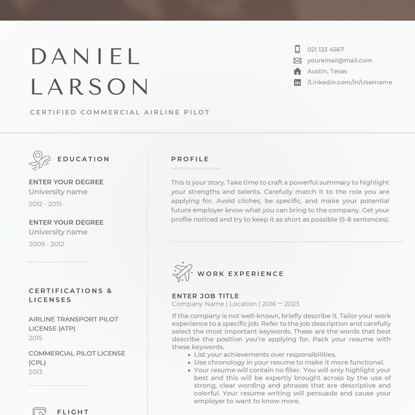 Aircraft Pilot Resume Template - Etsy