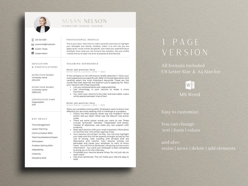Teacher Resume Template With Cover Letter, Educator Resume One & Two ...