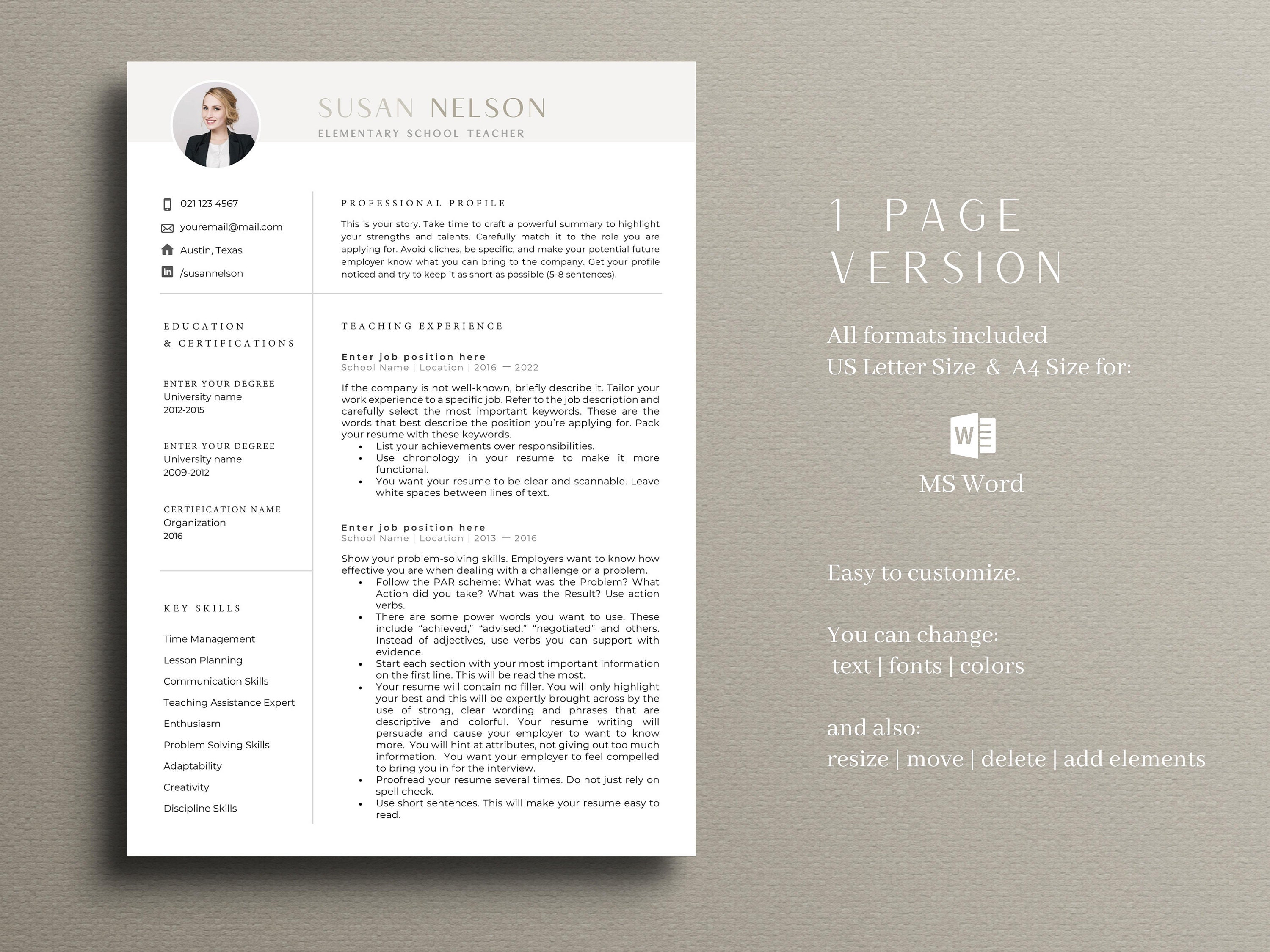 Teacher Resume Template With Cover Letter, Educator Resume One & Two ...