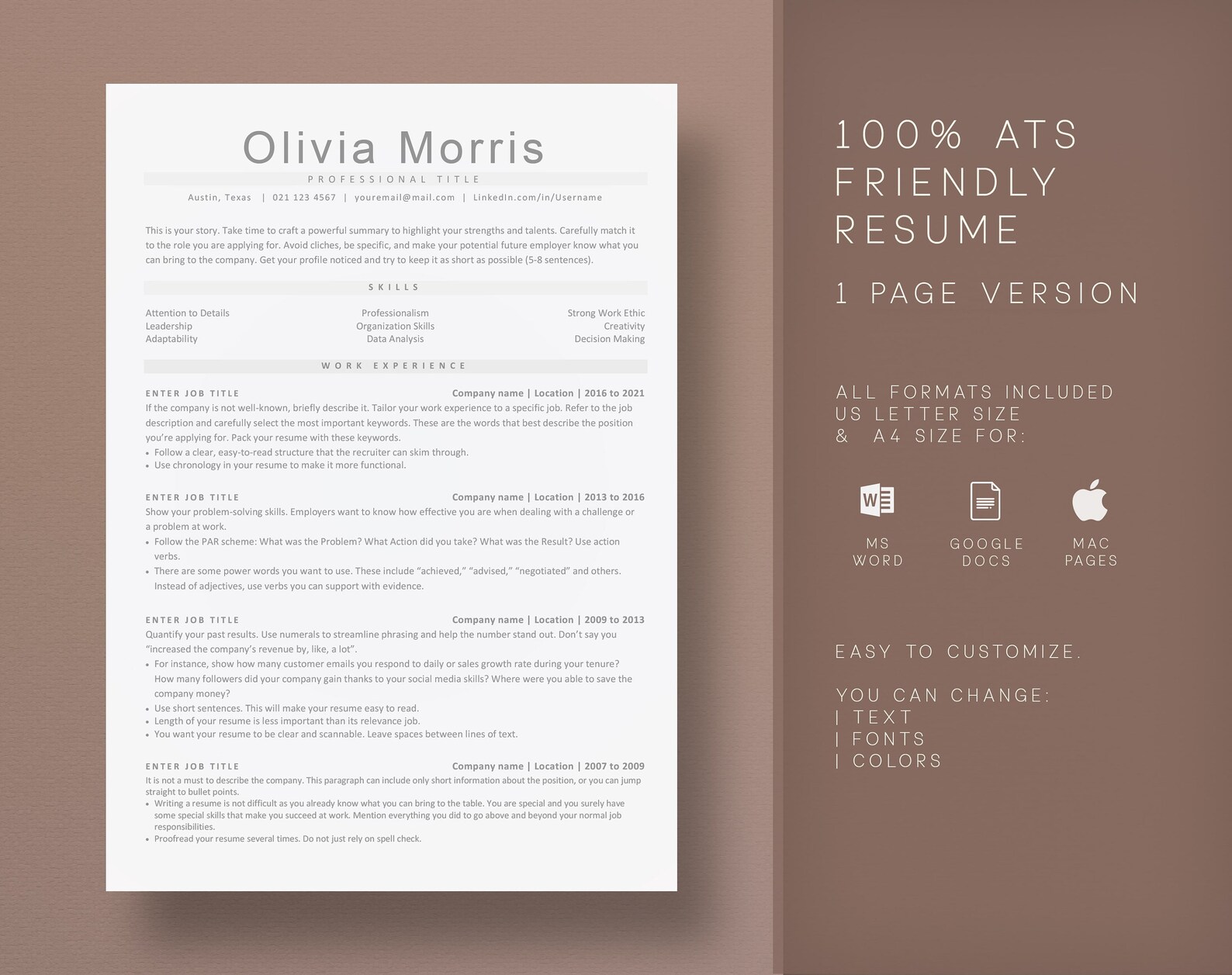 Resume Template ATS Google Docs Pages MS Word 1 & 2 Pages - Etsy
