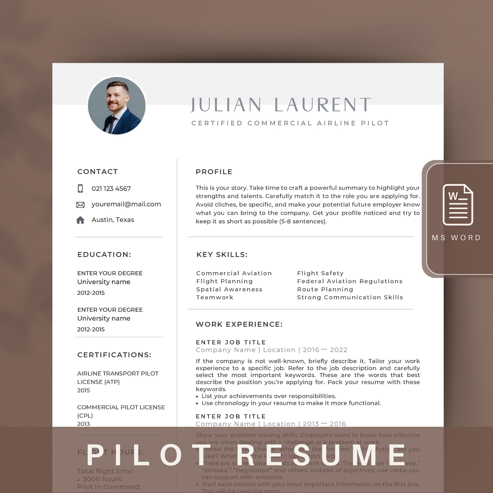 Pilot Resume Template, Aviation Resume With Cover Letter, Airline Pilot ...