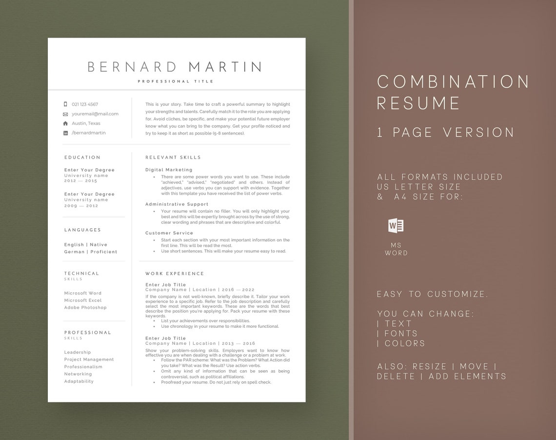 Combination Resume Template, Hybrid Resume for Word, One & Two Pages ...