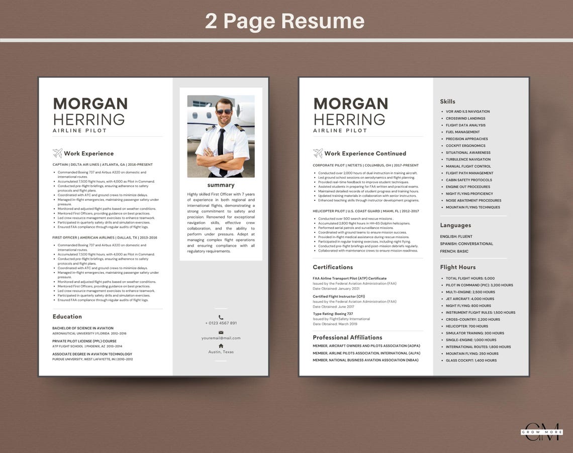 Pilot Resume Template Canva, Aviation Resume, Aircraft CV Cover Letter ...