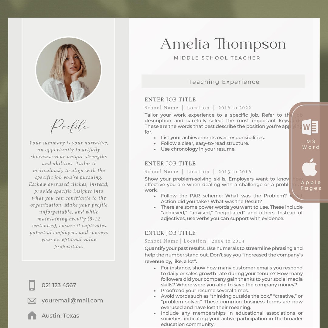 Elementary Teacher Resume, Teacher Resume Template MS Word, Apple MAC ...