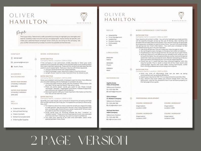 Bartender Resume Template Word, Hospitality Resume and Cover Letter ...