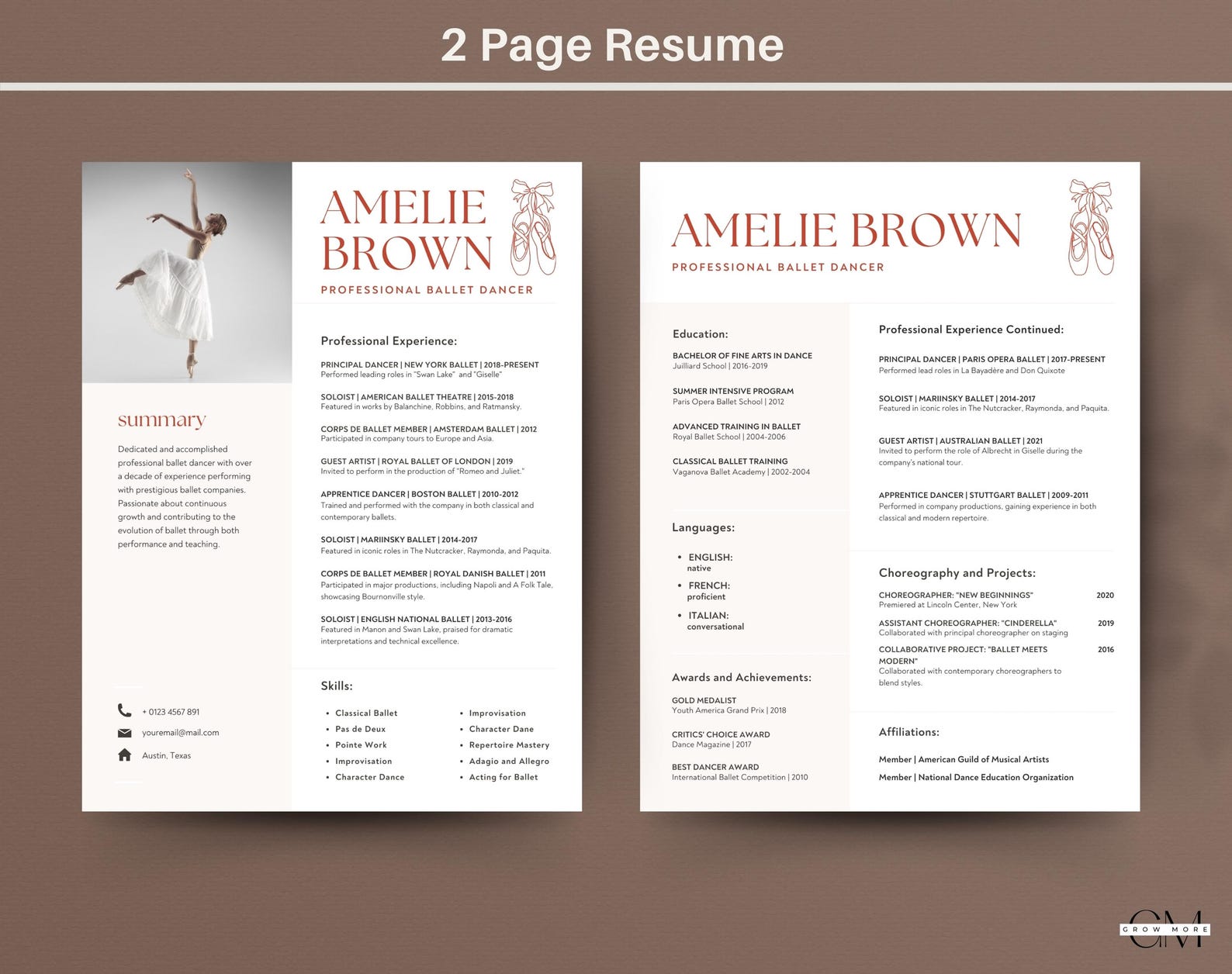 Ballet Resume Cover Letter Headshot Canva Template, Modern Dancer CV ...