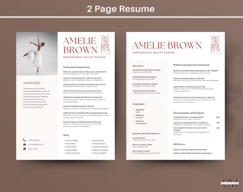 Ballet Resume Cover Letter Headshot Canva Template, Modern Dancer CV ...