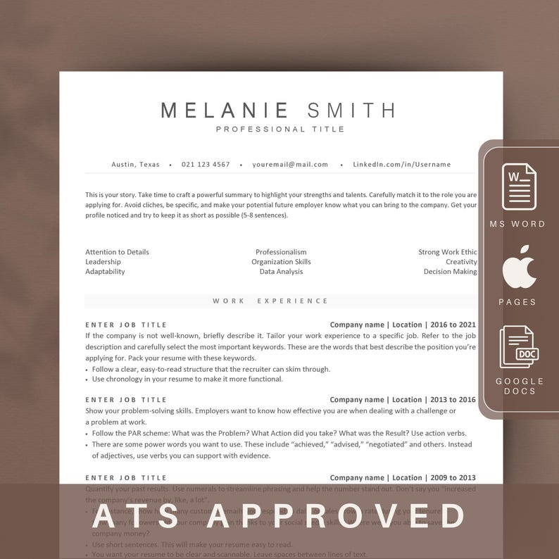 ATS Resume Template for Word, Pages, Google Docs, Cover Letter and ...