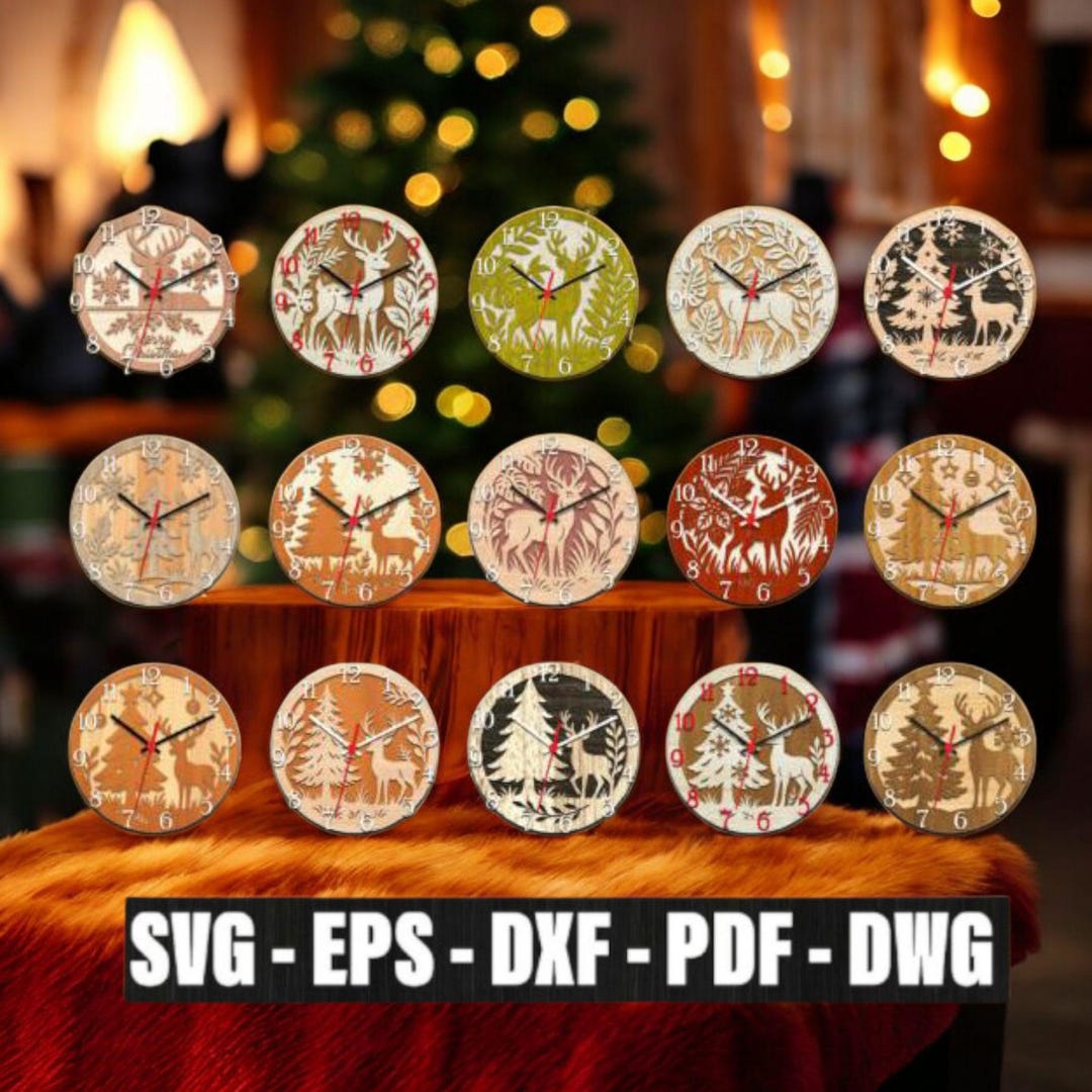 Laser Cut Christmas Clock Bundle SVG DXF | Reindeer Winter Forest Clock ...