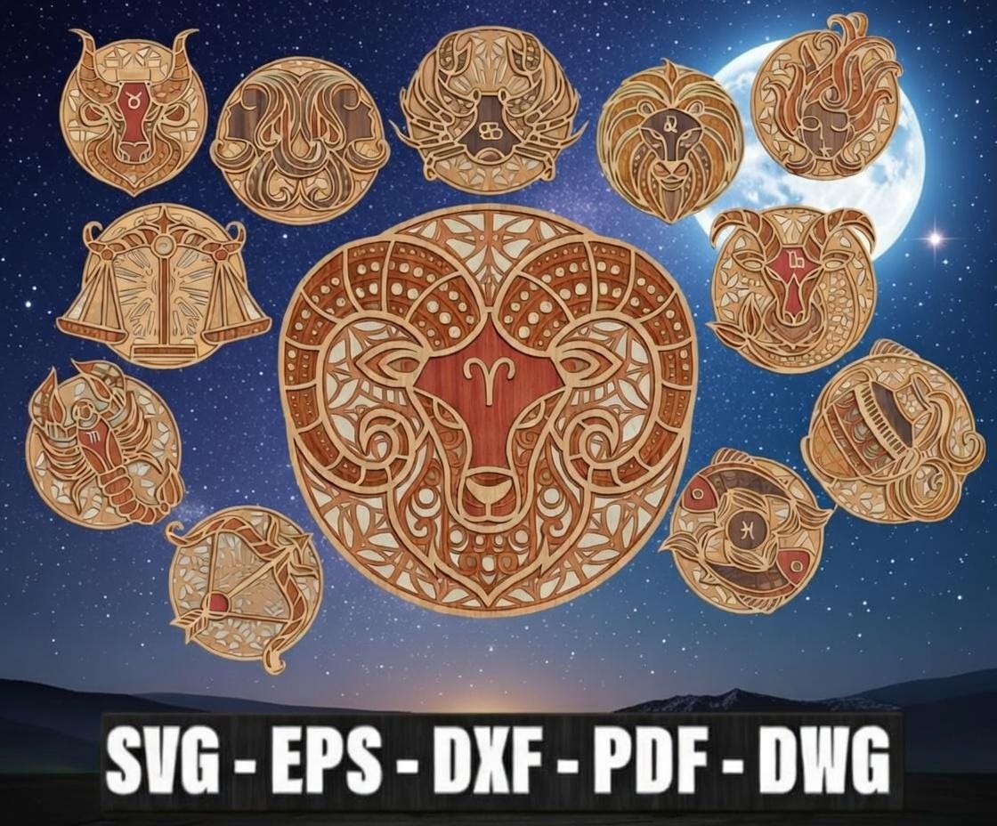 Zodiac Signs SVG Bundle Laser Cut Files Multilayer Horoscope Glowforge ...