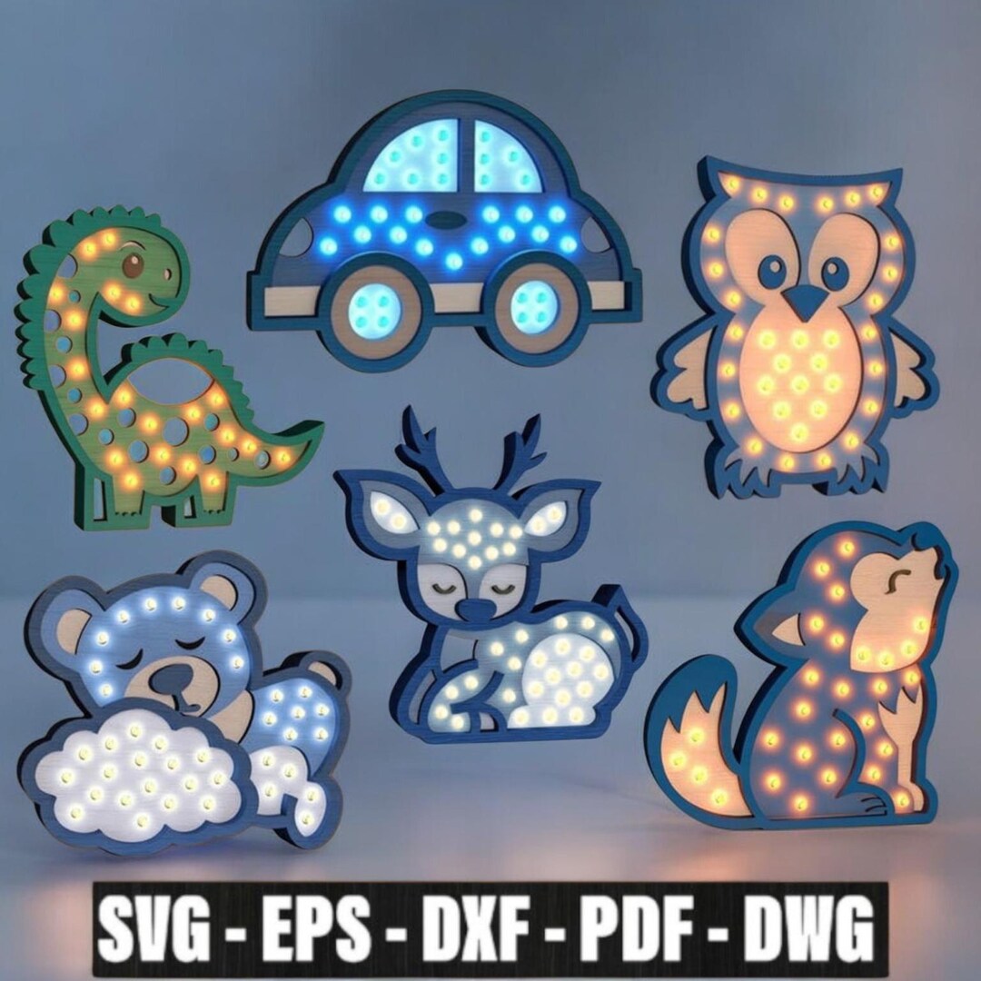 Kids Night Light SVG Bundle Layered, Glowforge Kids LED Lamp Bundle SVG ...