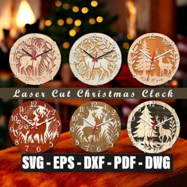 Laser Cut Christmas Clock Bundle SVG DXF | Reindeer Winter Forest Clock ...