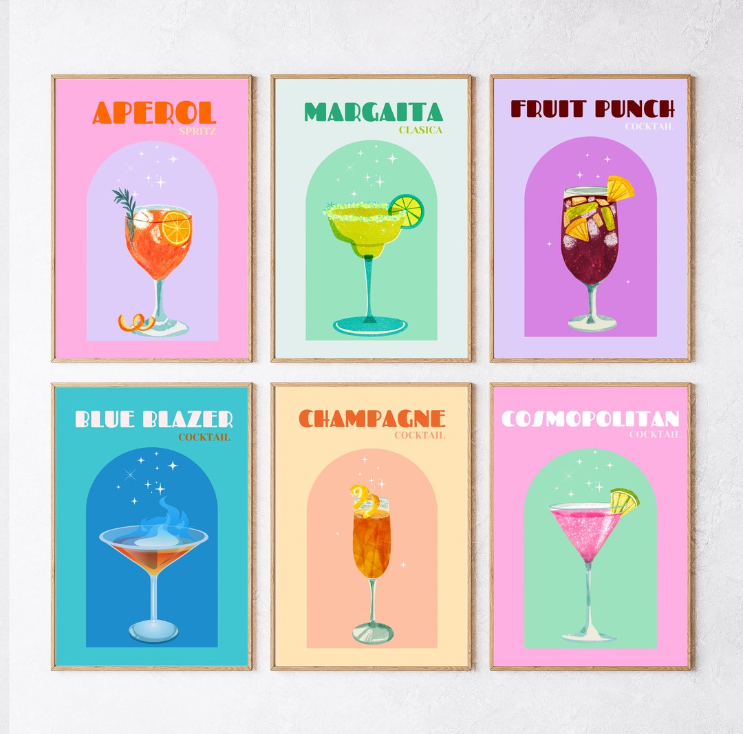 Set of 6 Retro Cocktail Prints, Colourful Bar Cart Gallery, Bar Art ...