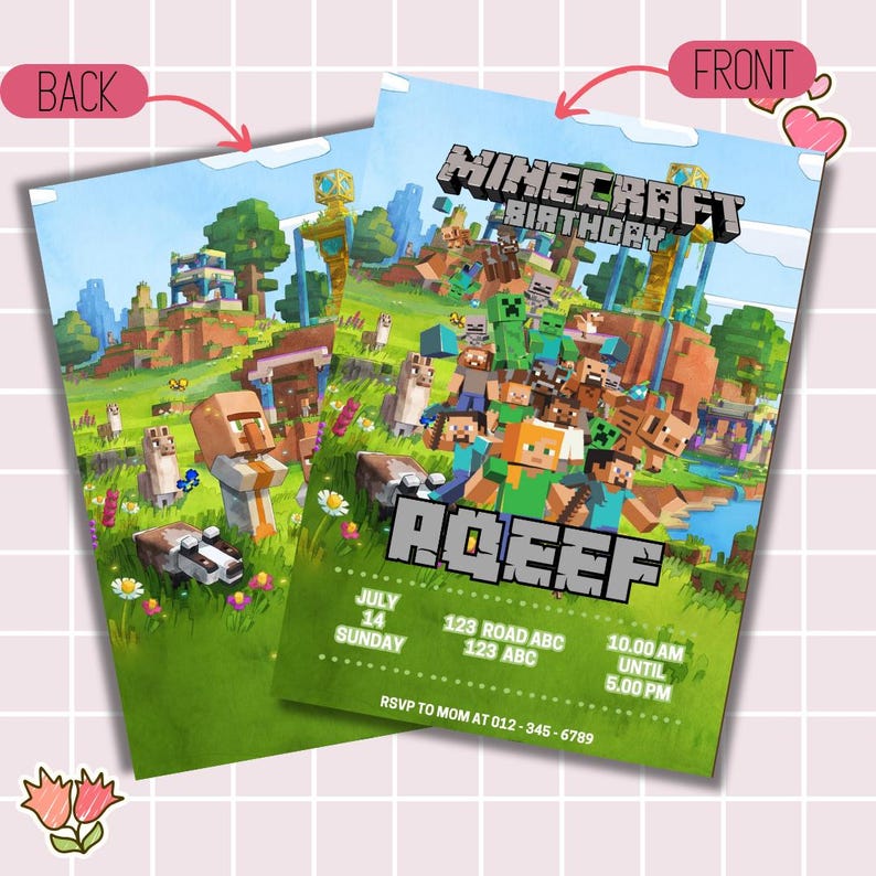 Mine.craft Theme Birthday Invitation for Boy and Girls - Canva Template ...