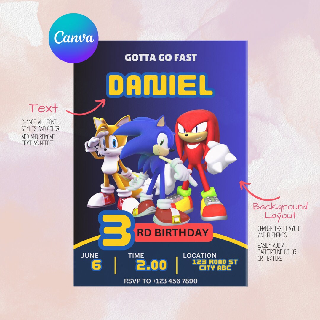Editable Sonic Birthday Invitation Template, Printable Canva Template ...