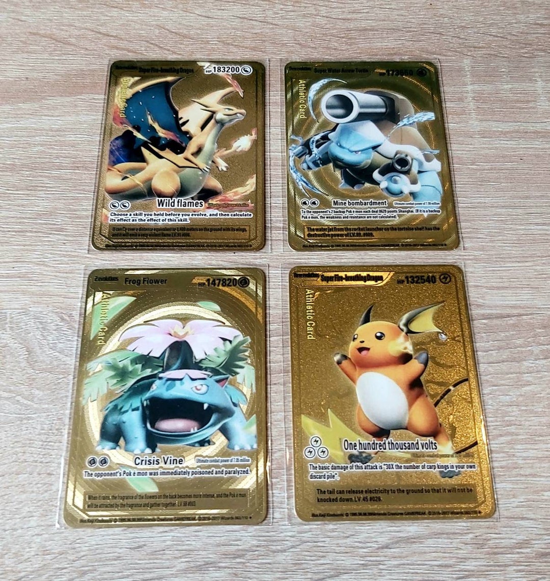 4 Card Pokemon Metal Shiny Gold Super Powerful High HP - Etsy