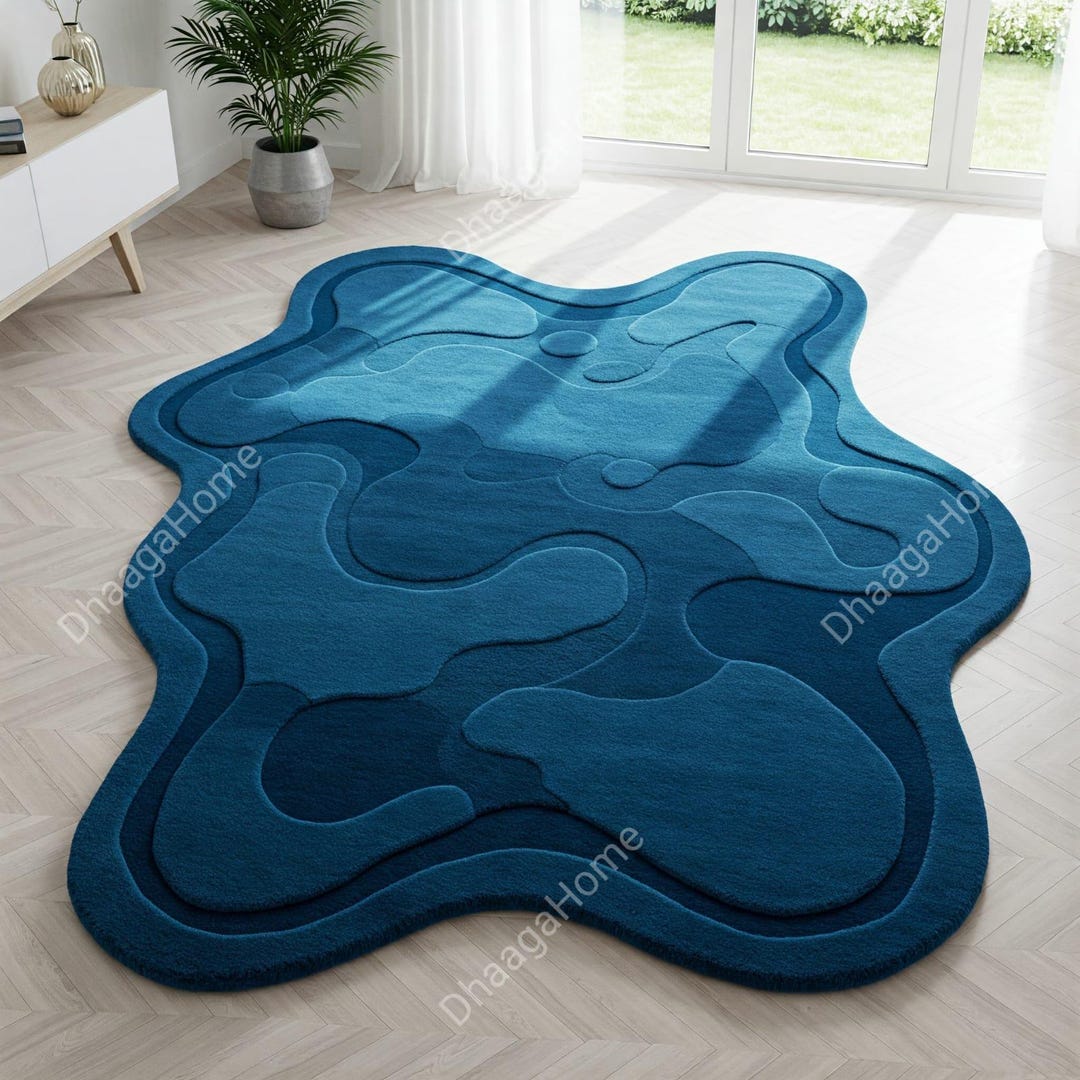 Blue Modern Irregular Amoeba Shape Hand Tufted Abstract Wool Rugs for ...