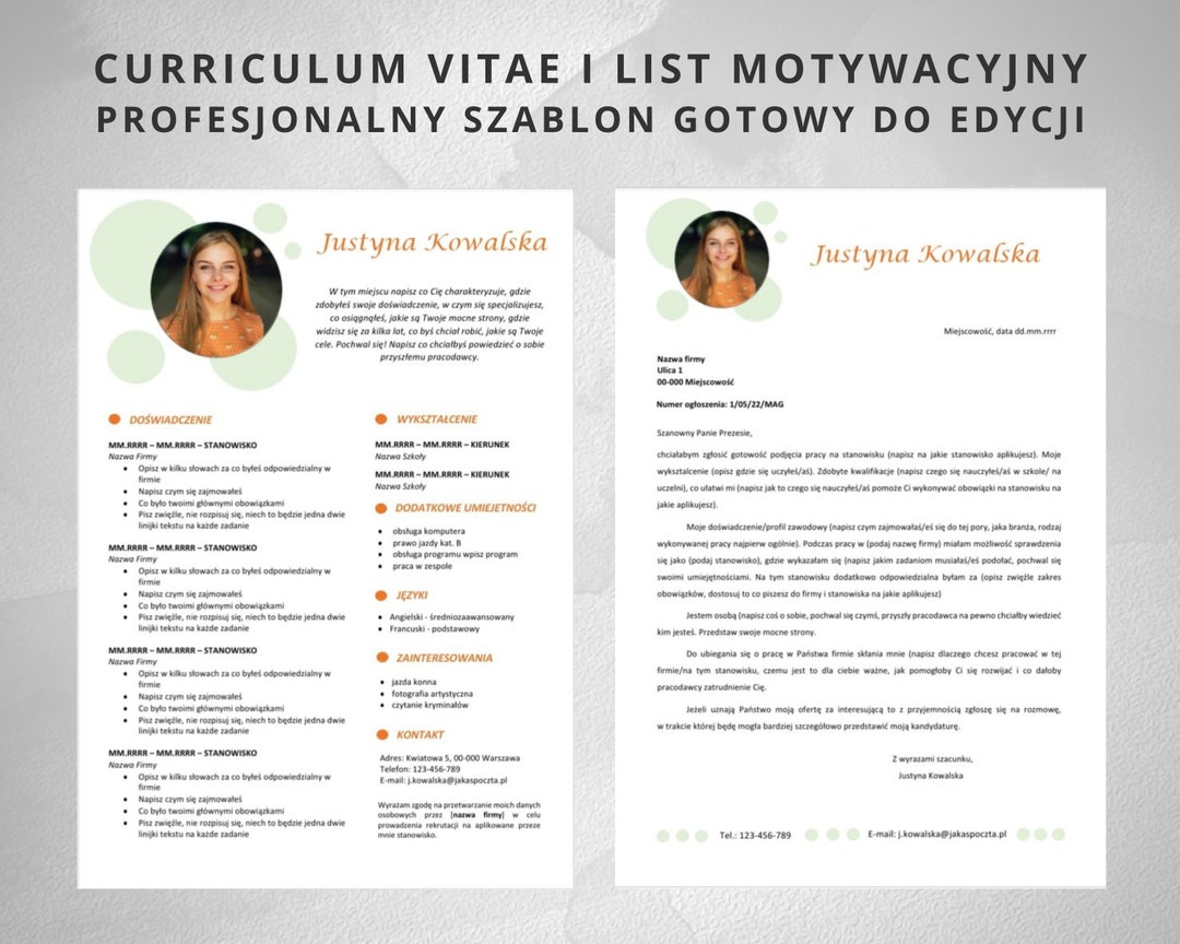 Nowoczesny Szablon CV Ze Zdjęciem Szablon List Motywacyjny - Etsy