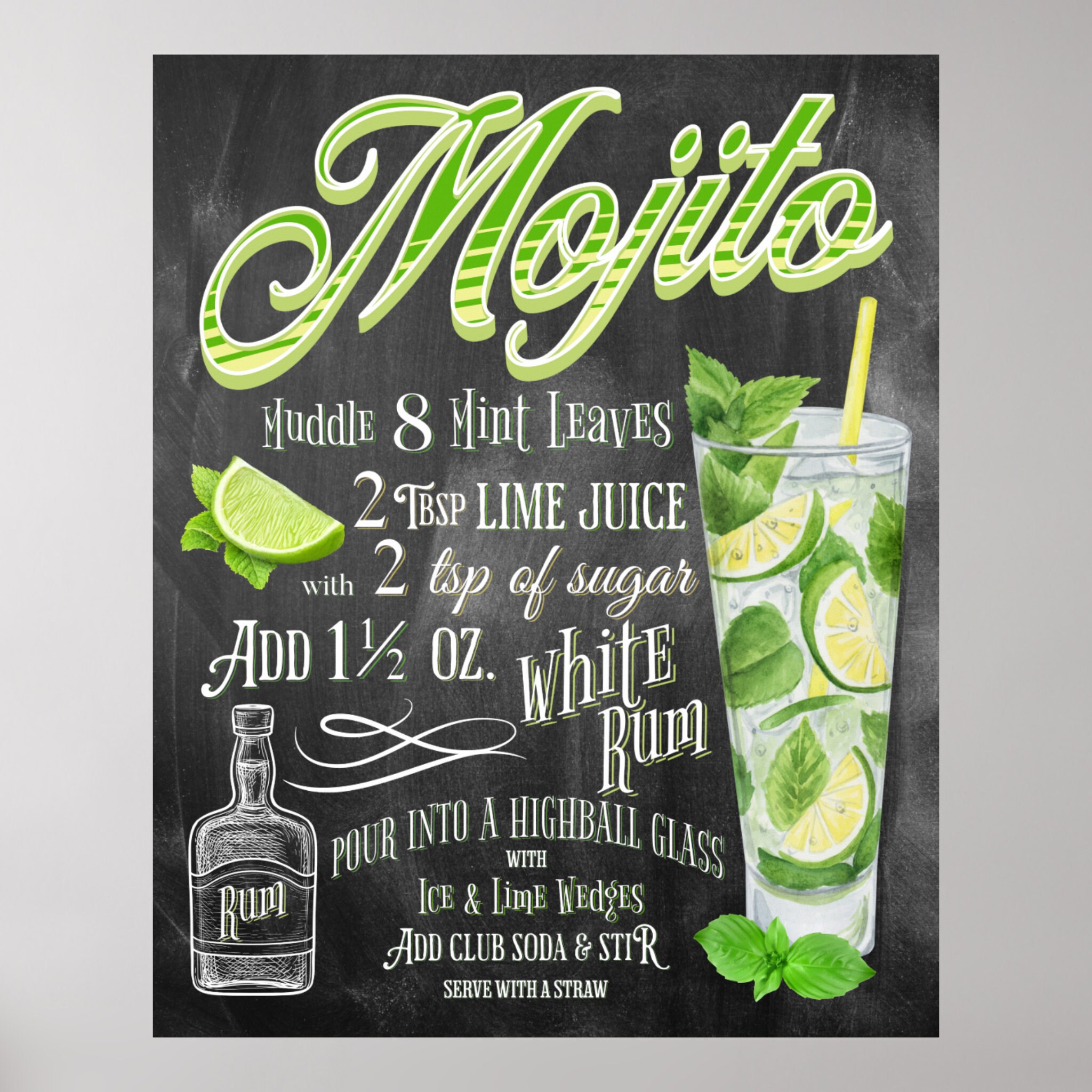 Mojito Cocktail Chalkboard Recipe Wall Art Printable Digital - Etsy