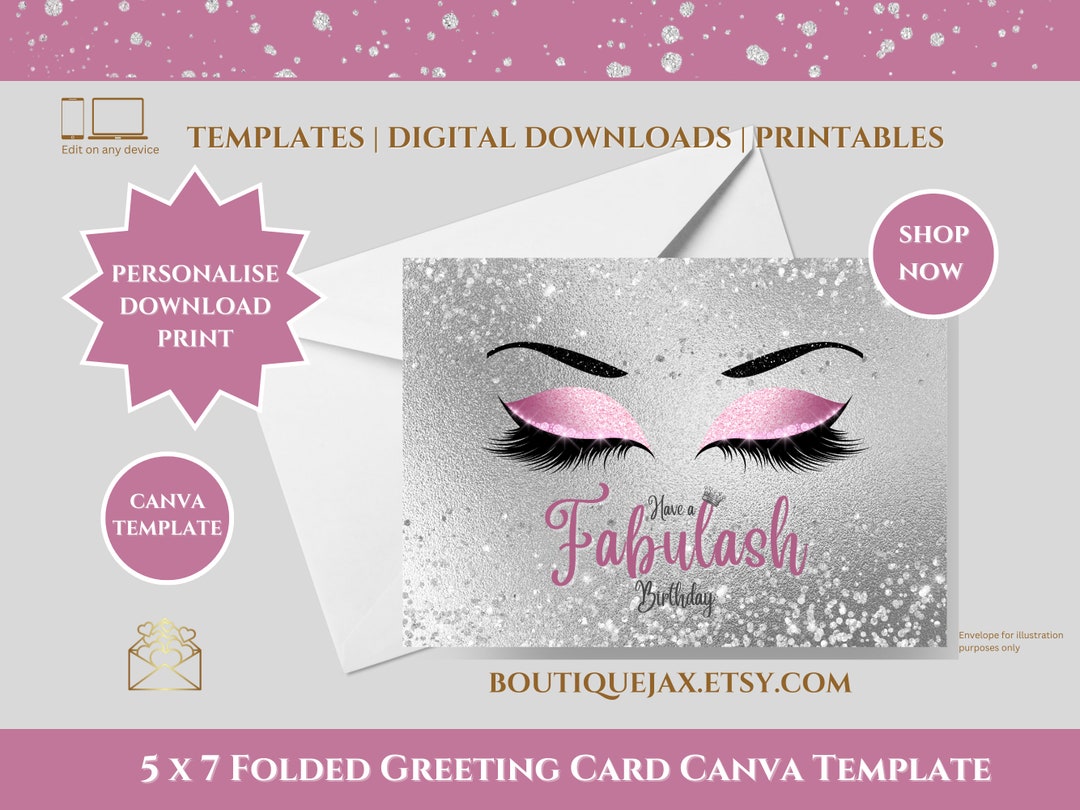 Pink Glitter Lashes Birthday Card: Fabulash Canva Template (digital ...
