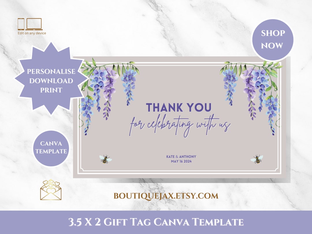 Bridgerton Inspired Purple Wisteria Gift Tag Canva Template, 3.5 X 2 ...