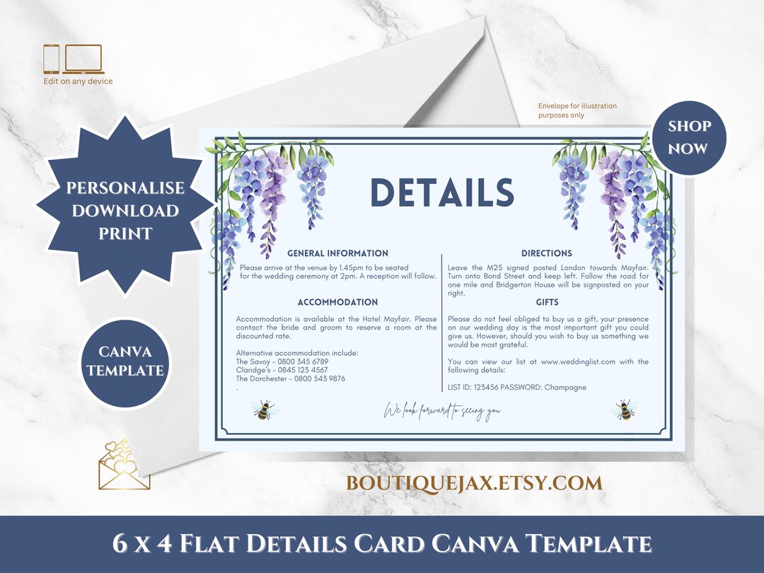 Bridgerton Style Blue Wisteria Details Card Canva Template, 6 X 4 Flat ...