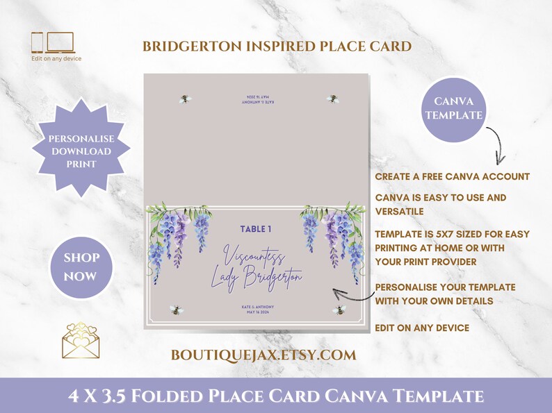 Bridgerton Inspired Purple Wisteria Place Card Canva Template, 4 X 3.5 ...