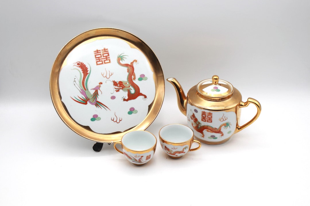 Vintage Chinese Dragon and Phoenix Tea Set, Chinese Gold Tea Set ...