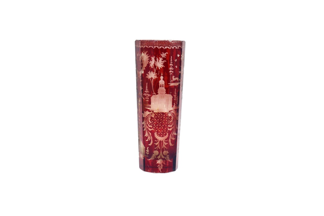 Biedermeier Vase Friedrich Engermann With Fox and Deer Red Bohemia - Etsy