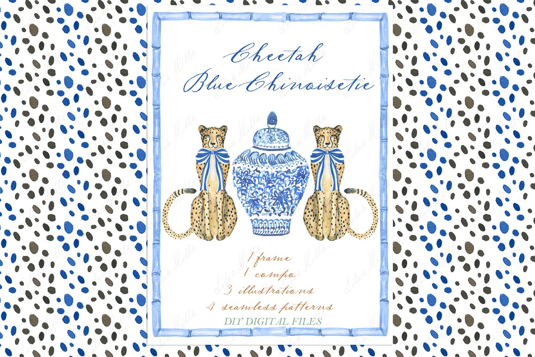 Cheetah Blue Chinoiseie Bamboo. DIY Digital Paper Frames Watercolor ...