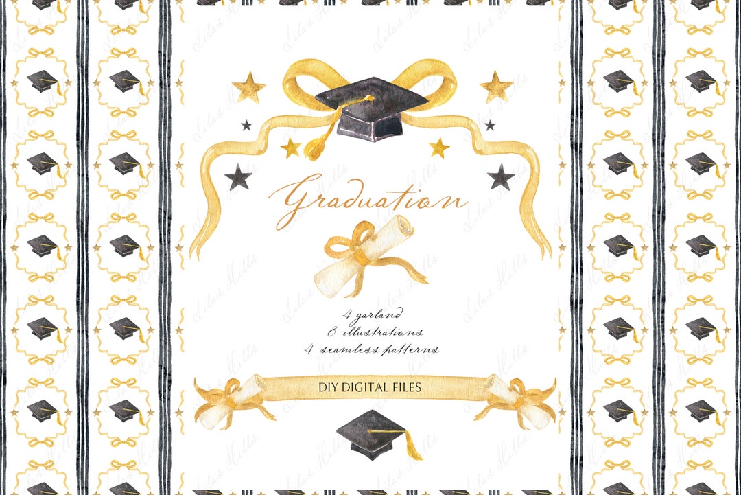 Graduation Hat Party DIY Digital Clipart. Banner Bow Digital Paper ...