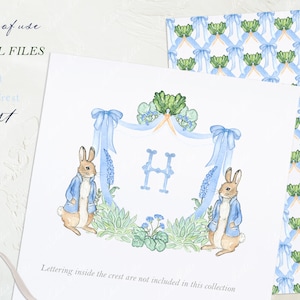 Rabbit Garden Family Watercolor Crest DIY Blue Green Newborn Digital ...