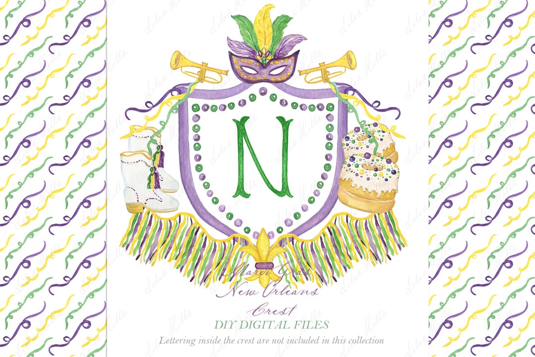 Mardi Gras New Orleans Crest DIY Family Digital Papers Watercolor ...