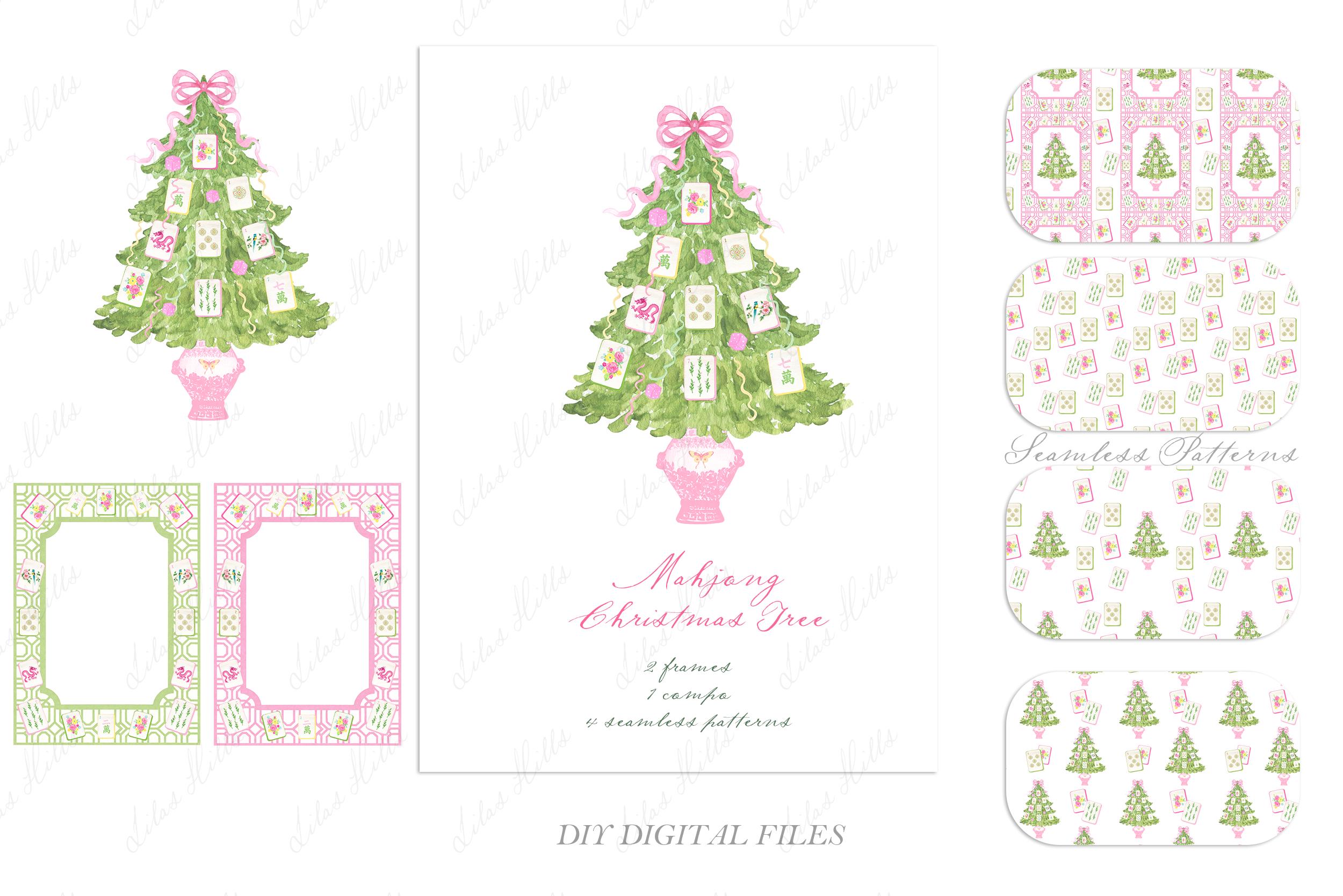Mahjong Christmas Tree Watercolor Clipart, Pink DIY Digital Paper (PNG ...