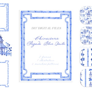 Chinoiserie Pagoda Blue Toile. DIY Digital Paper Frames Watercolor ...