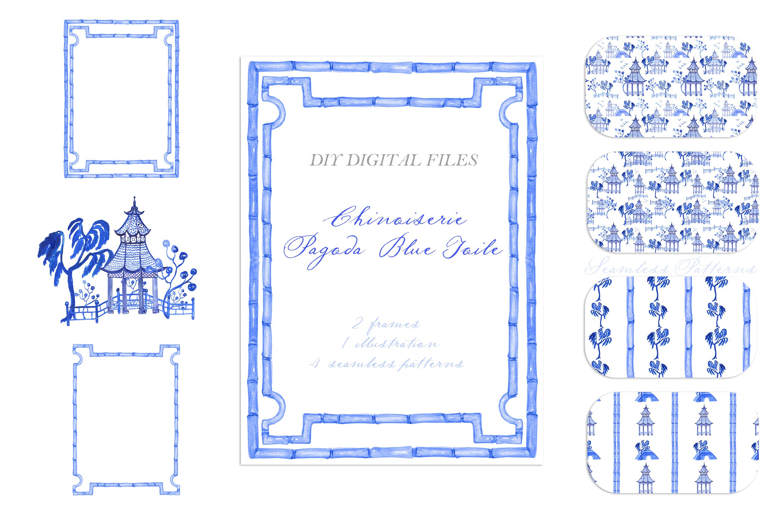 Chinoiserie Pagoda Blue Toile. DIY Digital Paper Frames - Etsy