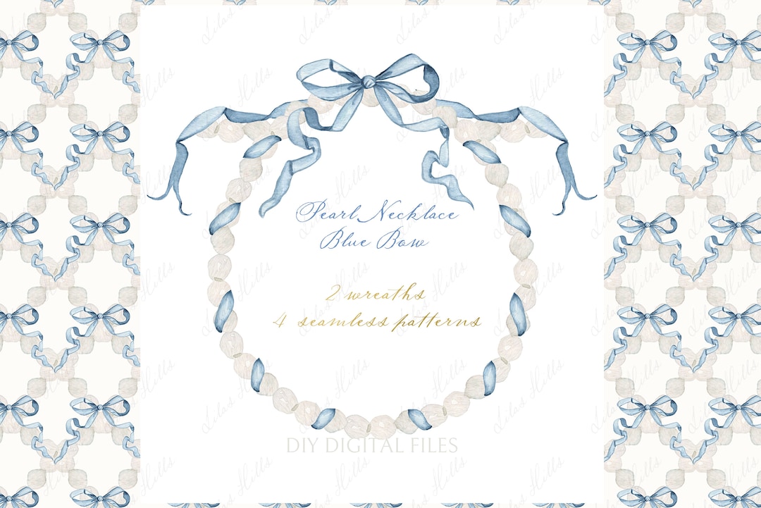 Pearls Necklace Vintage Blue Bow Frames Wedding DIY Digital Clipart ...