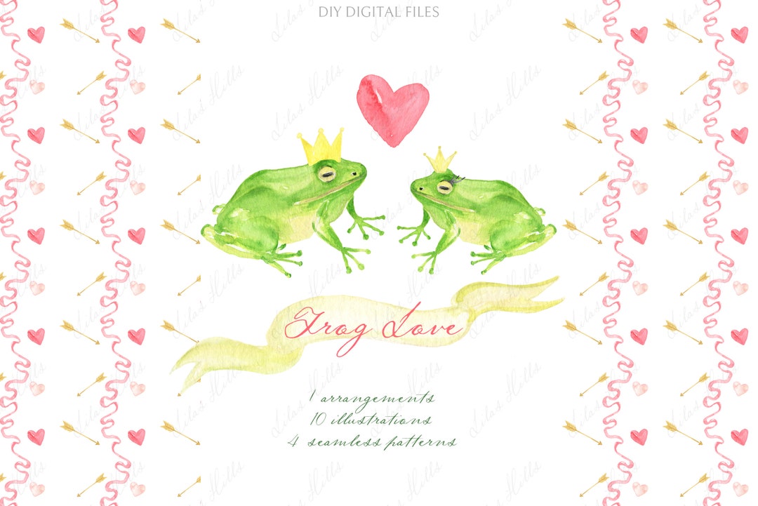 Frog Love St Valentines Day Gift DIY Digital Paper Heart Watercolor ...
