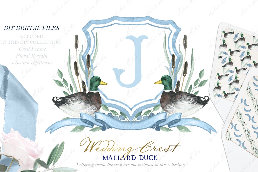 Mallard Duck Wedding Family Crest DIY Dusty Blue Greenery Digital ...